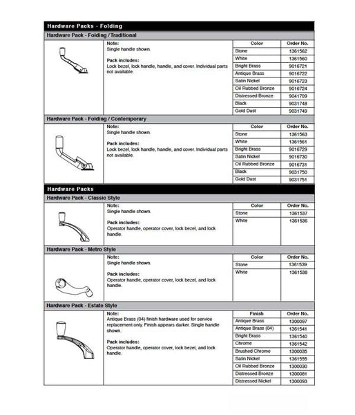 Andersen Casement Window 200 or 400 Series Hardware Pack Folding Handl ...