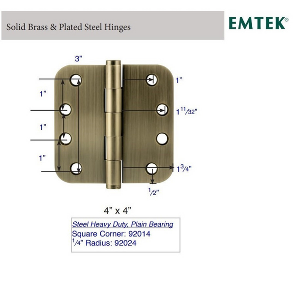 Emtek 96414 Heavy Duty Ball Bearing Hinges (Pair), 4" x 4" with Square ...