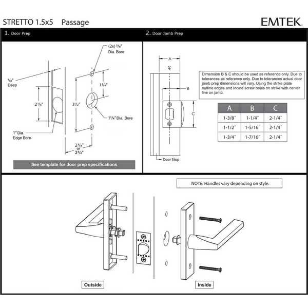 Emtek 5802 STRETTO Narrow Trim Lockset, 1-1/2" x 5" Non-Keyed, Brass T ...
