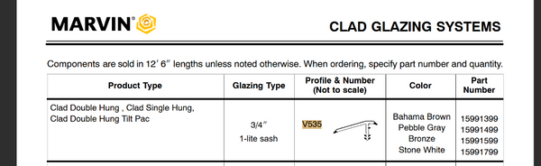 MARVIN CLAD GLAZING BEAD V535 150" PC VINYL -3/4" IG – Golden Locks Inc
